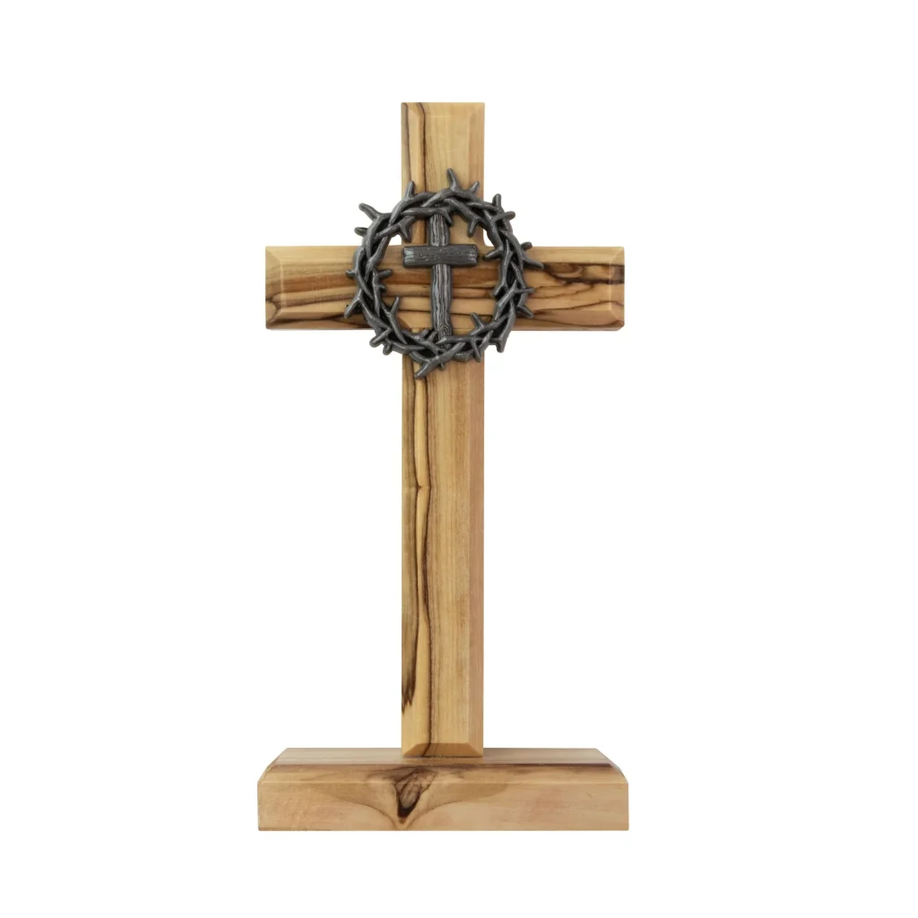 6" Crown of Thorns Olive Wood Desk Cross - Religious Supply Center